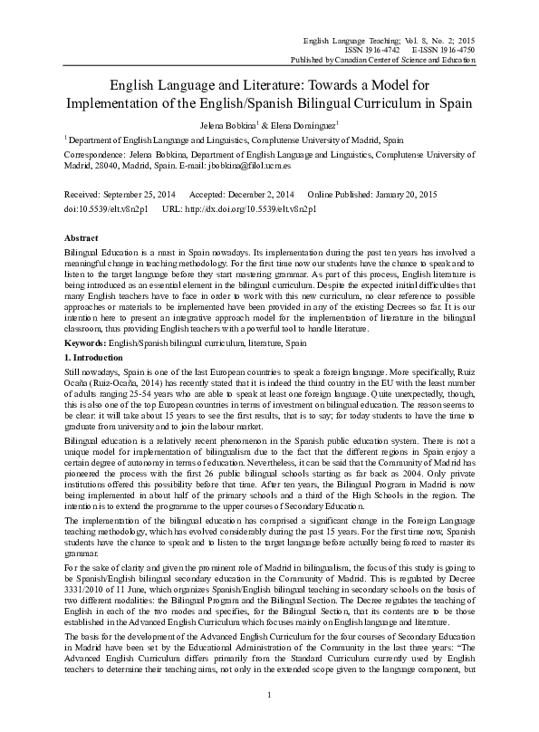 (PDF) English Language and Literature: Towards a Model for Implementation of the English/Spanish ...