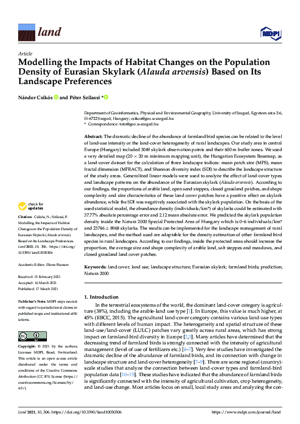 (PDF) Modelling the Impacts of Habitat Changes on the Population Density of Eurasian Skylark ...
