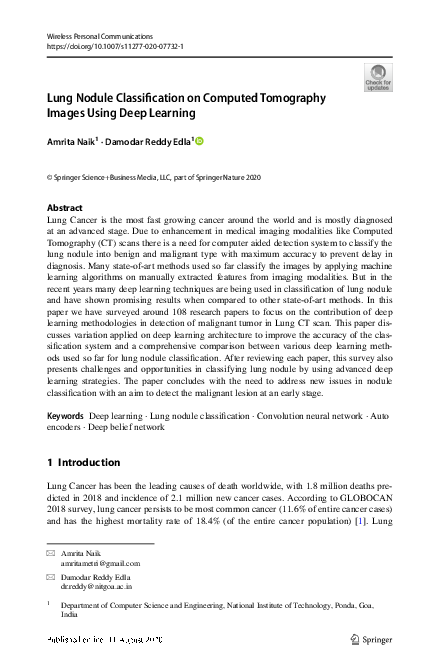 Pdf Lung Nodule Classification On Computed Tomography Images Using Deep Learning