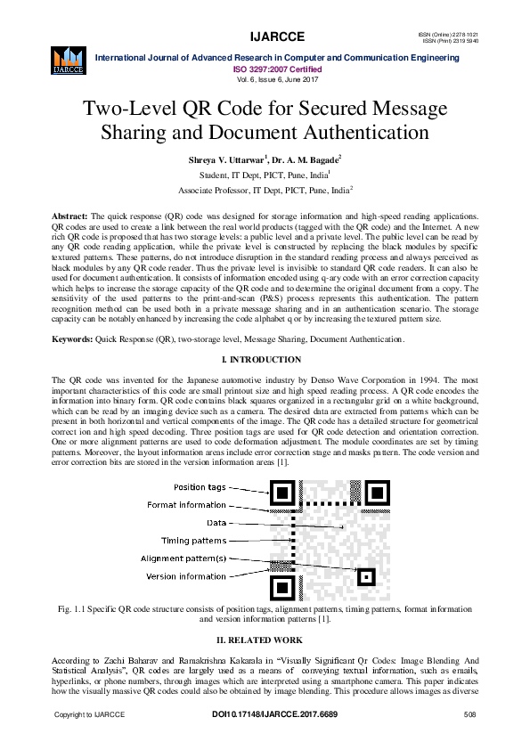 Pdf Two Level Qr Code For Secured Message Sharing And Document Authentication