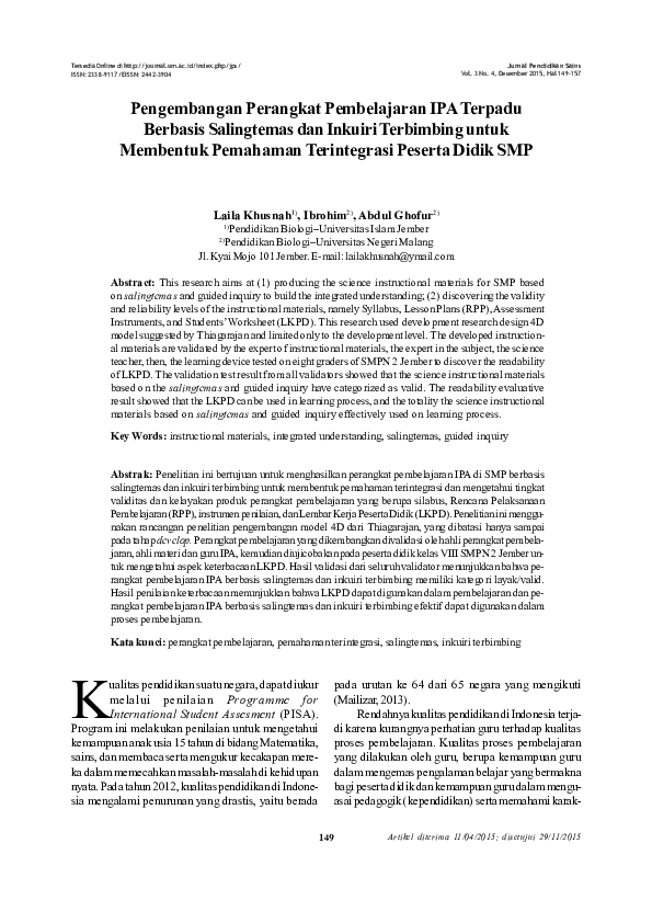 (PDF) Pengembangan Perangkat Pembelajaran IPA Terpadu Berbasis Salingtemas dan Inkuiri ...