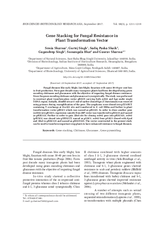 (PDF) Gene Stacking for Fungal Resistance in Plant Transformation Vector
