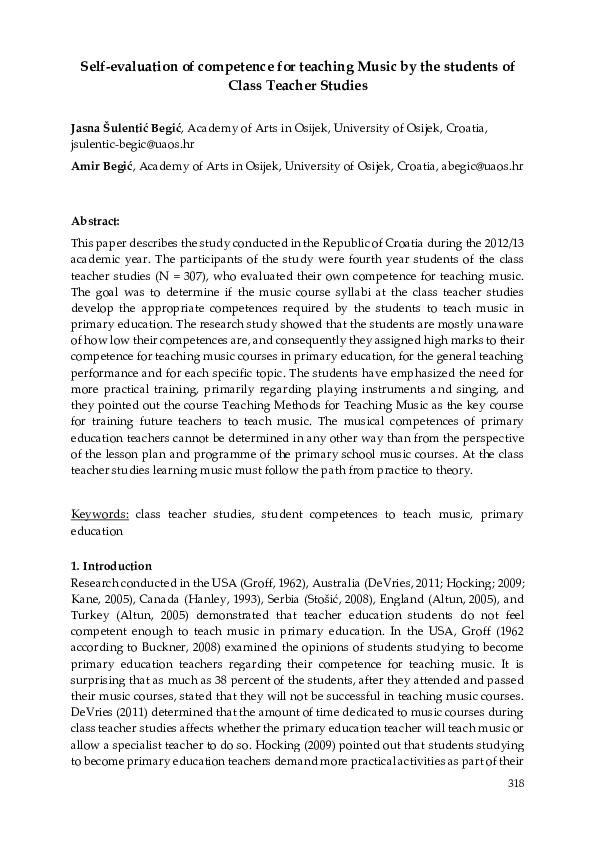 (PDF) Self-evaluation of competence for teaching Music by the students ...