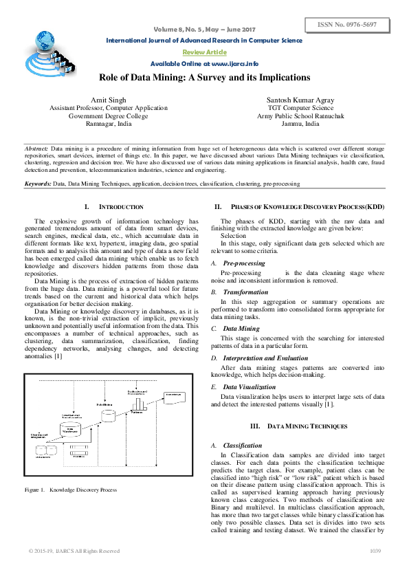 (PDF) Role of Data Mining: A Survey and its Implications