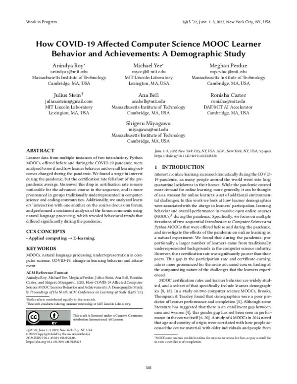 (PDF) How COVID-19 Affected Computer Science MOOC Learner Behavior and Achievements: A ...