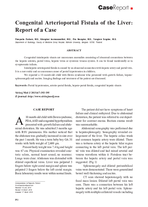 (PDF) Congenital Arterioportal Fistula of the Liver: Report of a Case