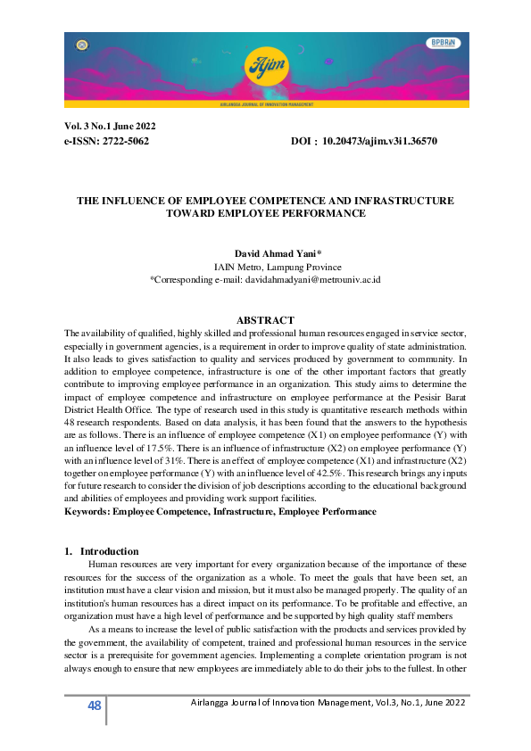 (PDF) Influence of Employee Competence and Infrastructure Toward Employee Performance