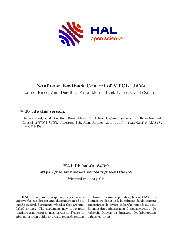 (PDF) Nonlinear Feedback Control of VTOL UAVs | Claude Samson ... (PDF) Nonlinear Feedback Control of VTOL UAVs | Claude Samson ...