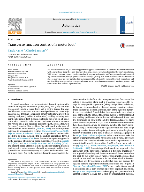 (PDF) Transverse function control of a motorboat