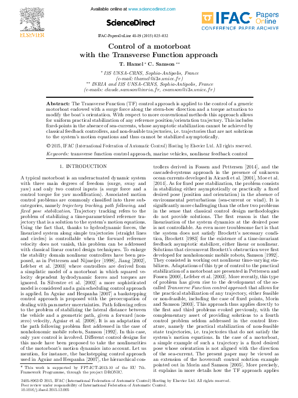 (PDF) Control of a motorboat with the Transverse Function approach