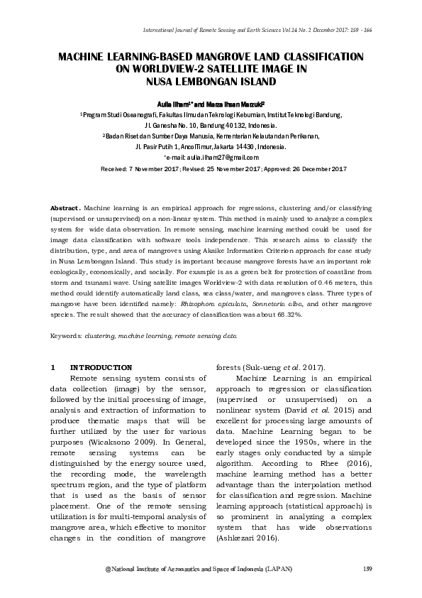 Pdf Machine Learning Based Mangrove Land Classification On Worldview 2 Satellite Image In Nusa