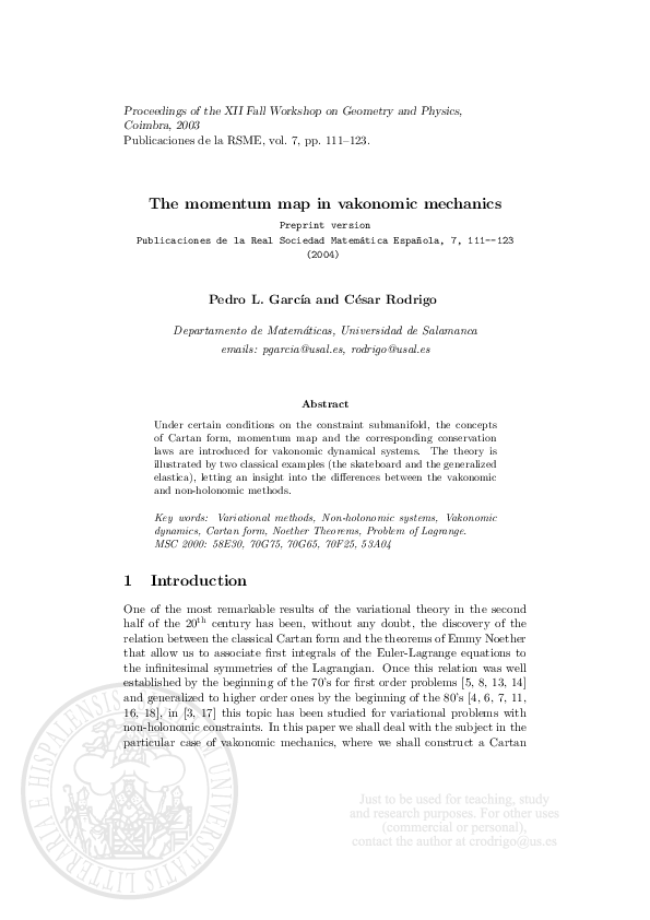 (PDF) The momentum map in vakonomic mechanics