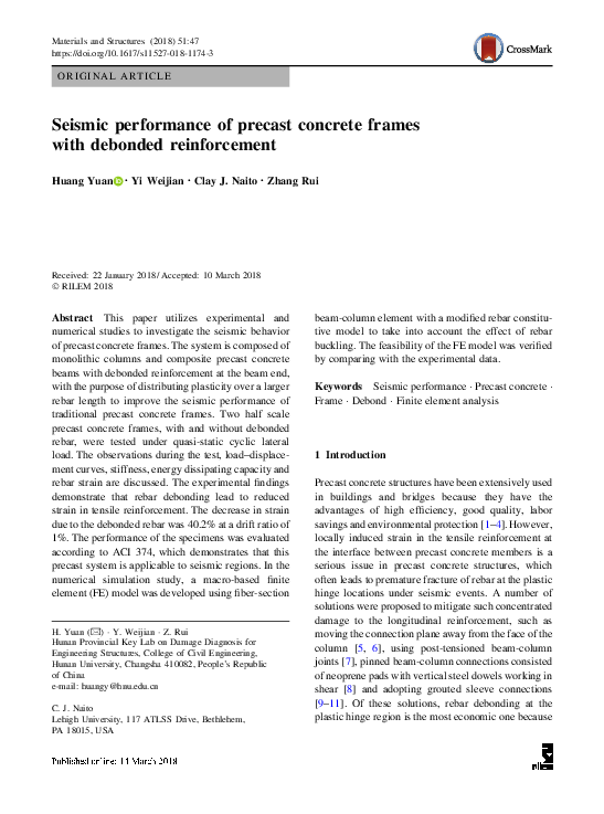 (PDF) Seismic performance of precast concrete frames with debonded ...