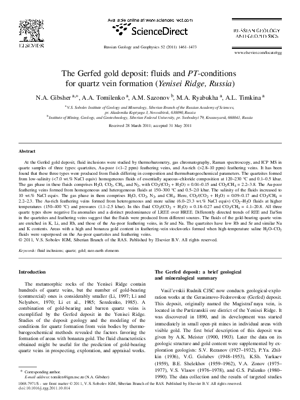 (PDF) The Gerfed gold deposit: fluids and PT-conditions for quartz vein ...