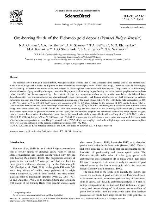 (PDF) Ore-bearing fluids of the Eldorado gold deposit (Yenisei Ridge ...