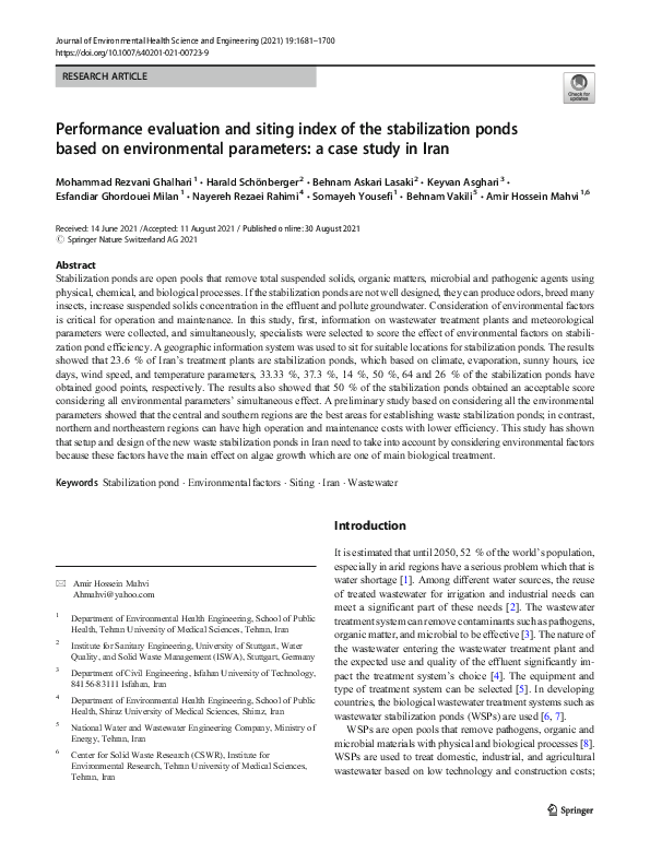 (PDF) Performance evaluation and siting index of the stabilization ponds based on environmental ...