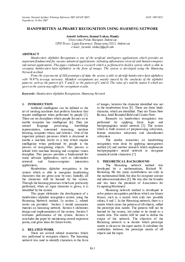 Pdf Handwritten Alphabet Recognition Via Hamming Network