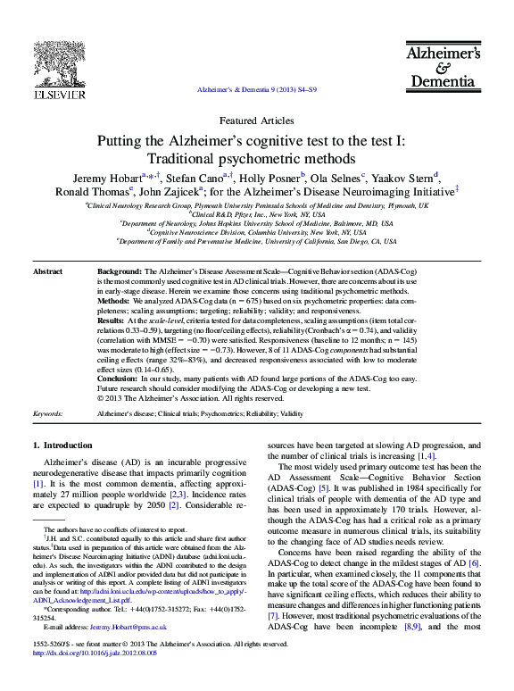(PDF) Putting the Alzheimer's cognitive test to the test I: Traditional ...