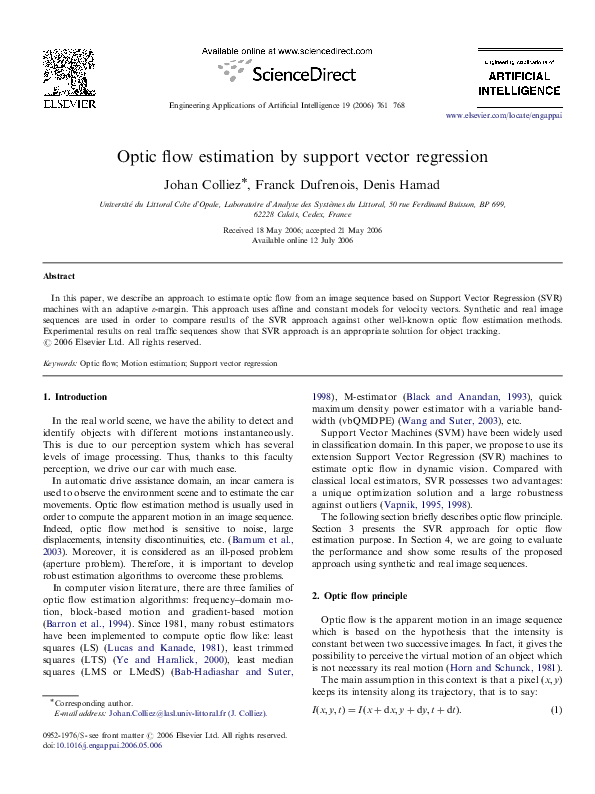 Pdf Optic Flow Estimation By Support Vector Regression