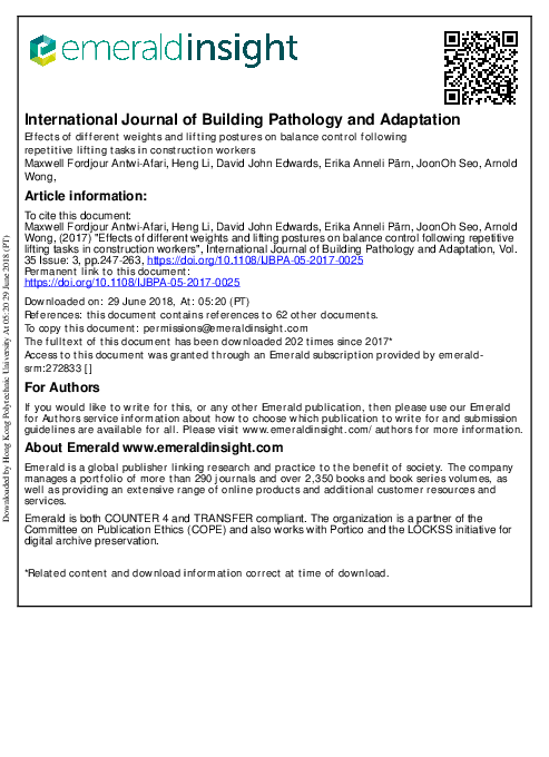 (PDF) Effects of different weights and lifting postures on balance ...