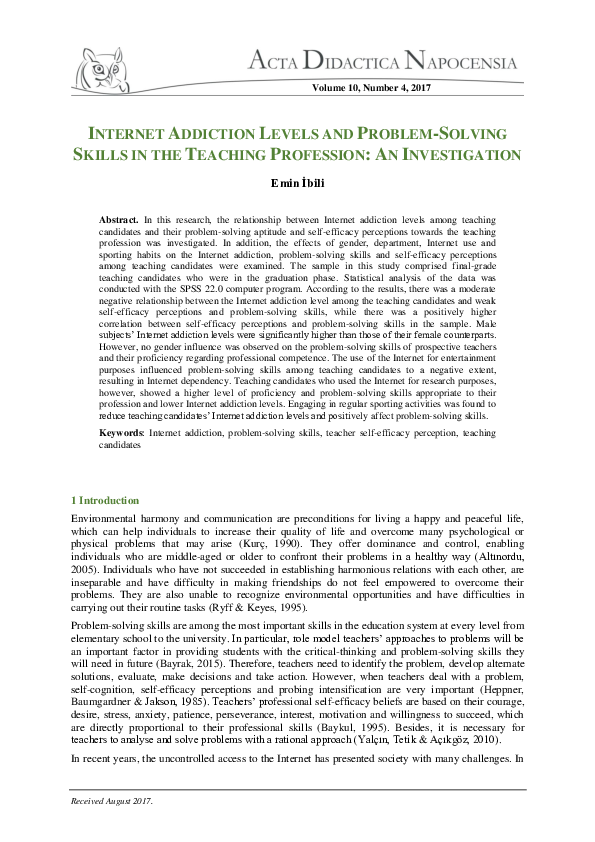 (PDF) Internet Addiction Levels and Problem-Solving Skills in the ...