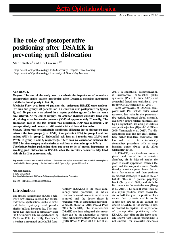 (PDF) The role of postoperative positioning after DSAEK in preventing ...