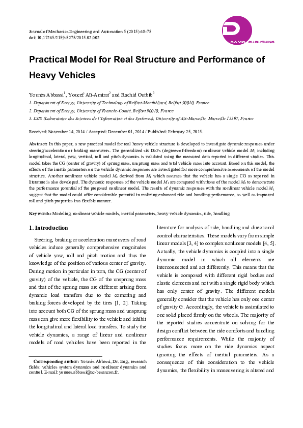 (PDF) Practical Model for Real Structure and Performance of Heavy Vehicles