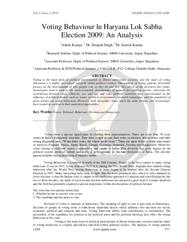 (PDF) Voting Behaviour ln Haryana LokSabha Election 2009: An Analysis