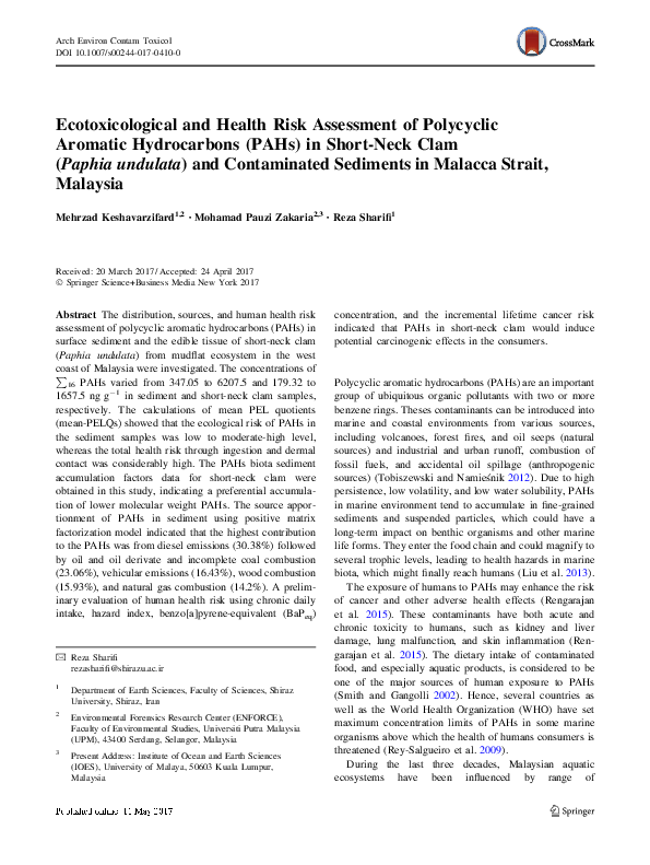 (PDF) Ecotoxicological and Health Risk Assessment of Polycyclic Aromatic Hydrocarbons (PAHs) in ...