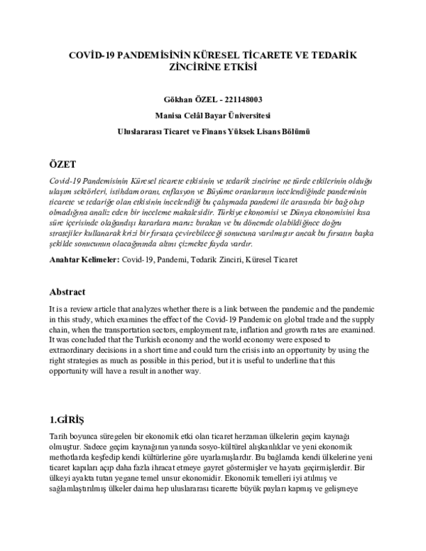 (DOC) COVİD-19 PANDEMİSİNİN KÜRESEL TİCARETE VE TEDARİK ZİNCİRİNE ETKİSİ