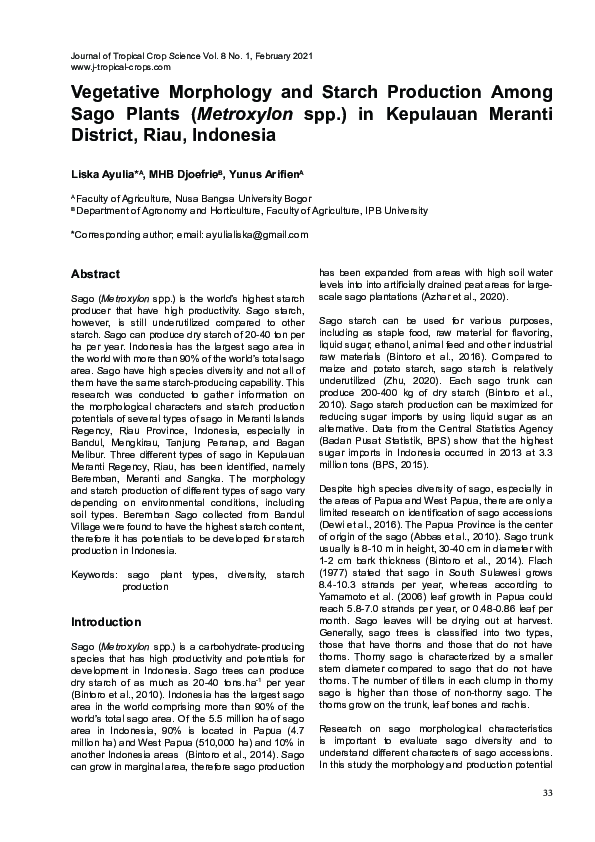 (PDF) Vegetative Morphology and Starch Production Among Sago Plants (Metroxylon spp.) in ...