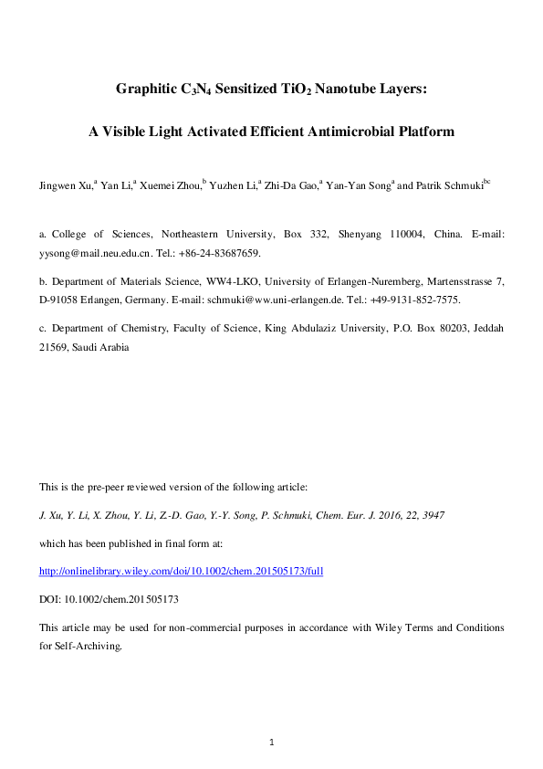 (PDF) Graphitic C3N4 Sensitized TiO2 Nanotube Layers: A Visible Light Activated Efficient Metal ...