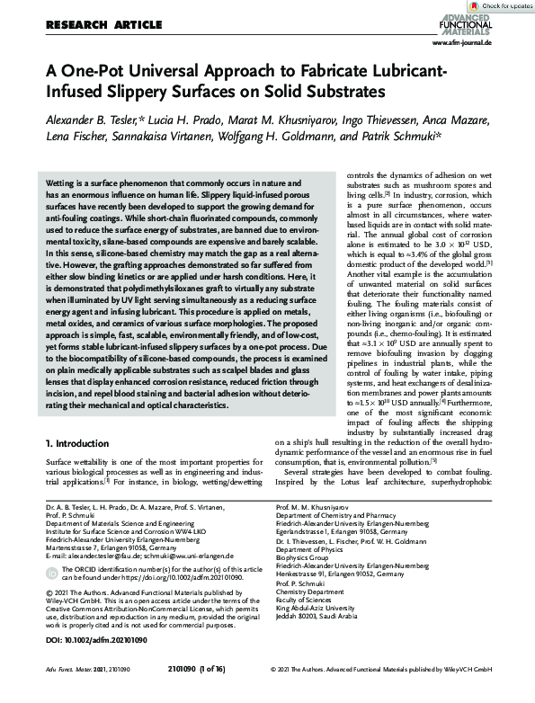 (PDF) A One‐Pot Universal Approach to Fabricate Lubricant‐Infused ...