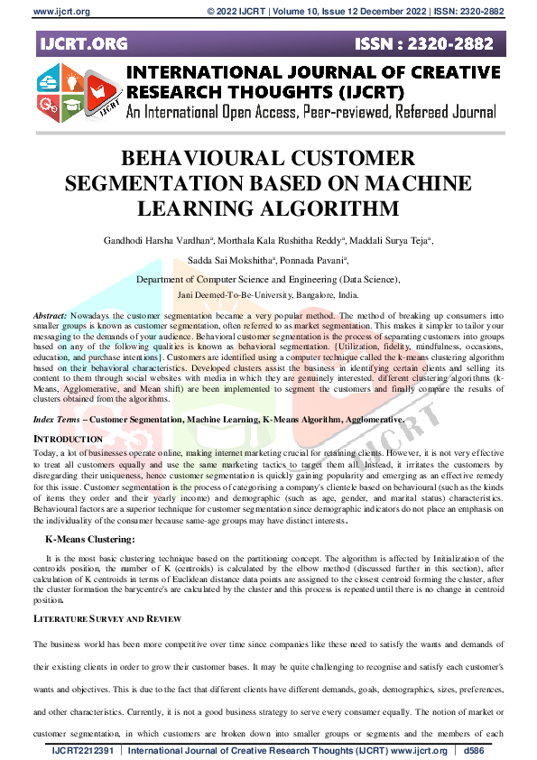 Pdf Behavioural Customer Segmentation Based On Machine Learning Algorithm