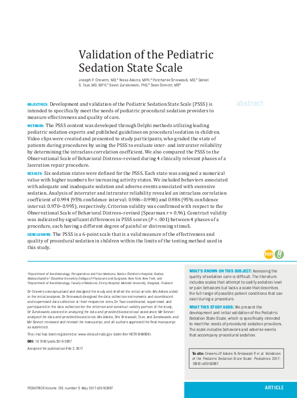 (PDF) Validation of the Pediatric Sedation State Scale