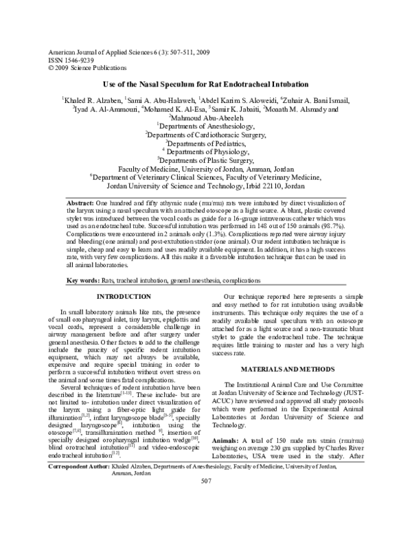 Pdf Use Of The Nasal Speculum For Rat Endotracheal Intubation Zuhair Ismail