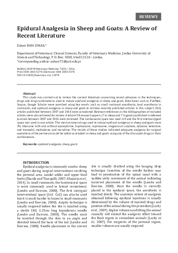 (PDF) Epidural Analgesia in Sheep and Goats: A Review of Recent Literature