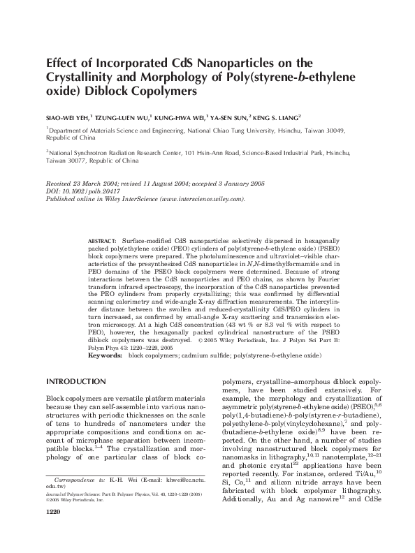 (PDF) Effect of incorporated CdS nanoparticles on the crystallinity and morphology of poly ...