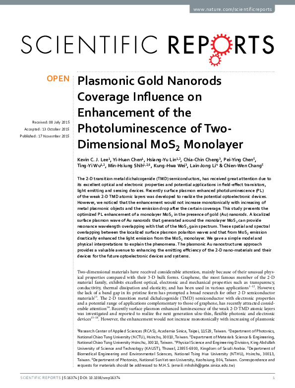 (PDF) Plasmonic Gold Nanorods Coverage Influence on Enhancement of the Photoluminescence of Two ...