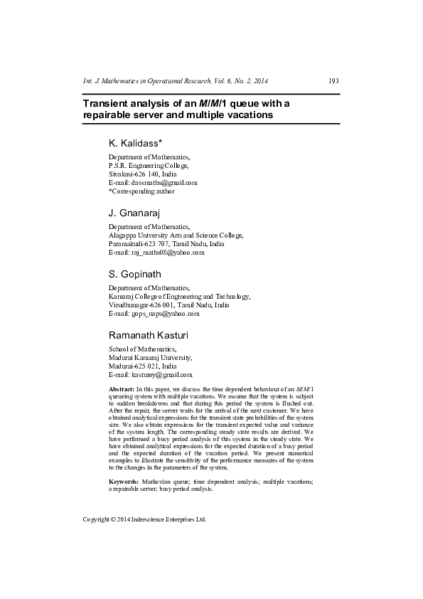 Pdf Transient Analysis Of An Mm1 Queue With A Repairable Server And Multiple Vacations