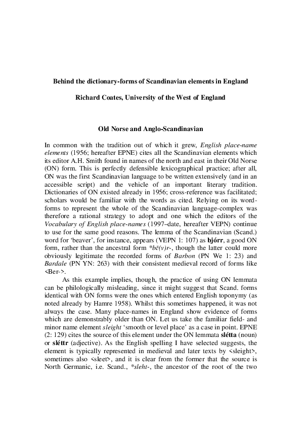 (PDF) Behind the dictionary-forms of Scandinavian elements in England