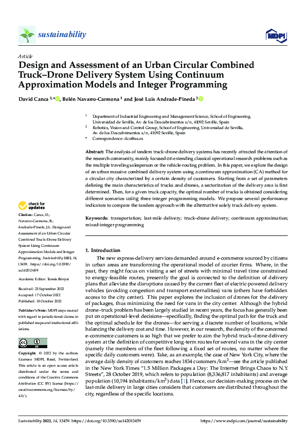 (PDF) Design and Assessment of an Urban Circular Combined Truck–Drone Delivery System Using ...