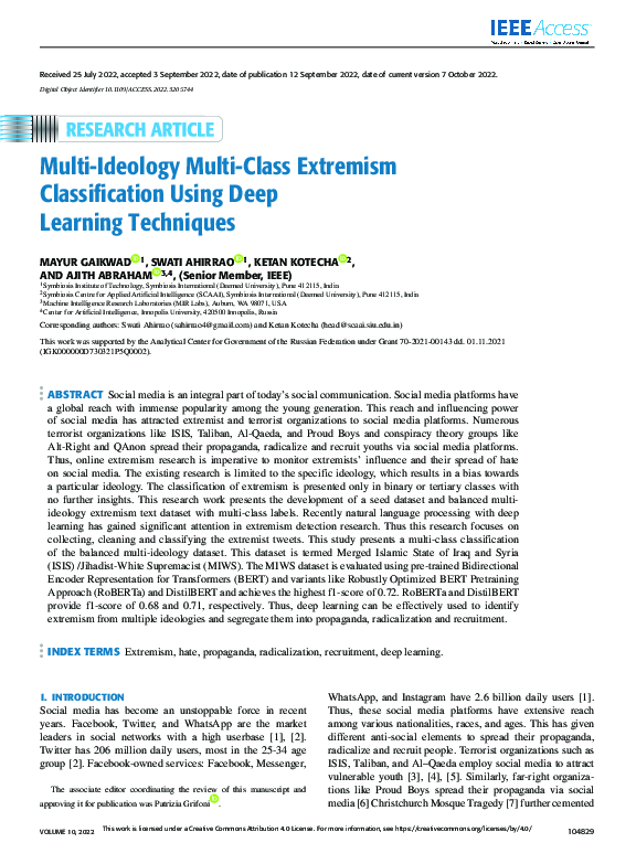 (PDF) Multi-Ideology Multi-Class Extremism Classification Using Deep Learning Techniques