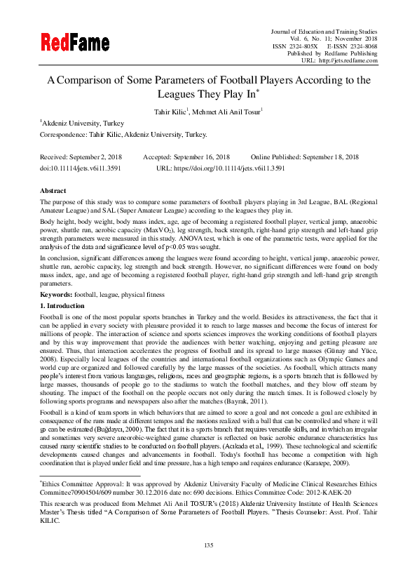 (PDF) A Comparison of Some Parameters of Football Players According to ...