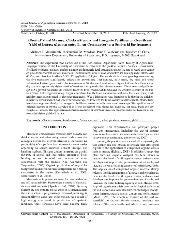 (PDF) Effects of Kraal Manure, Chicken Manure and Inorganic Fertilizer on Growth and Yield of ...