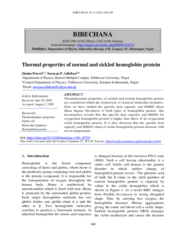 (PDF) Thermal properties of normal and sickled hemoglobin protein