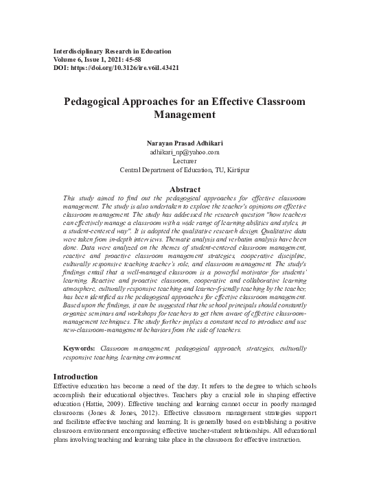 (PDF) Pedagogical Approaches for an Effective Classroom Management