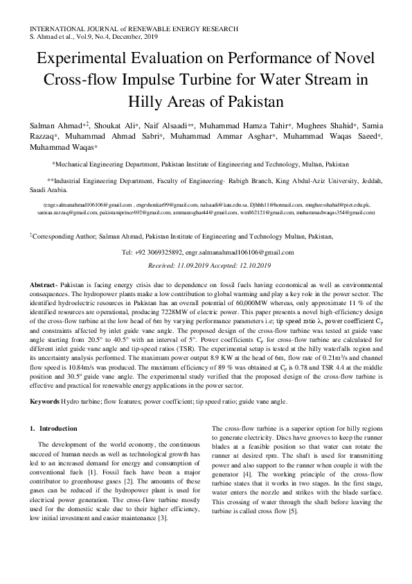 (PDF) Experimental Evaluation on Performance of Novel Cross-flow Impulse Turbine for Water ...