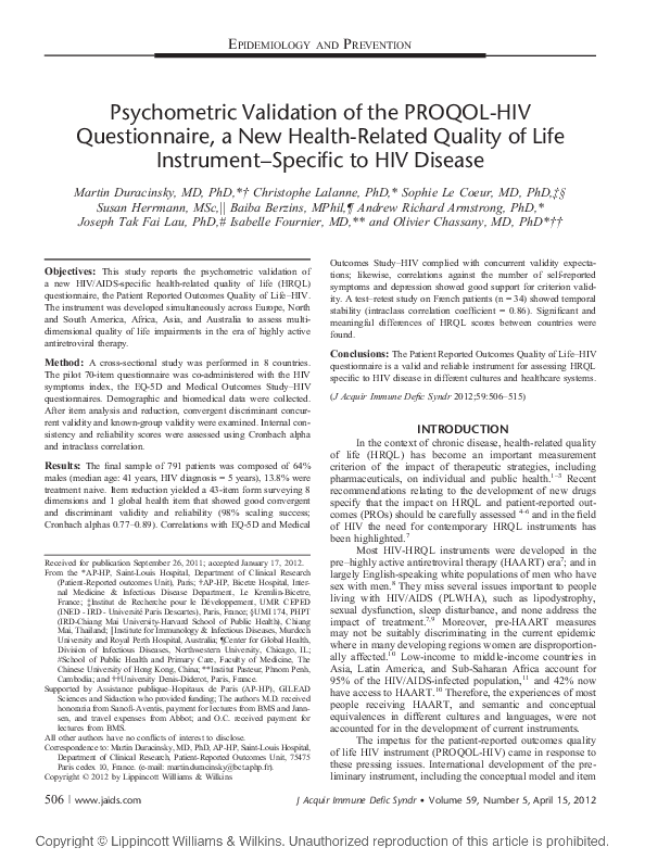 (PDF) Psychometric validation of the PROQOL-HIV questionnaire, a new ...