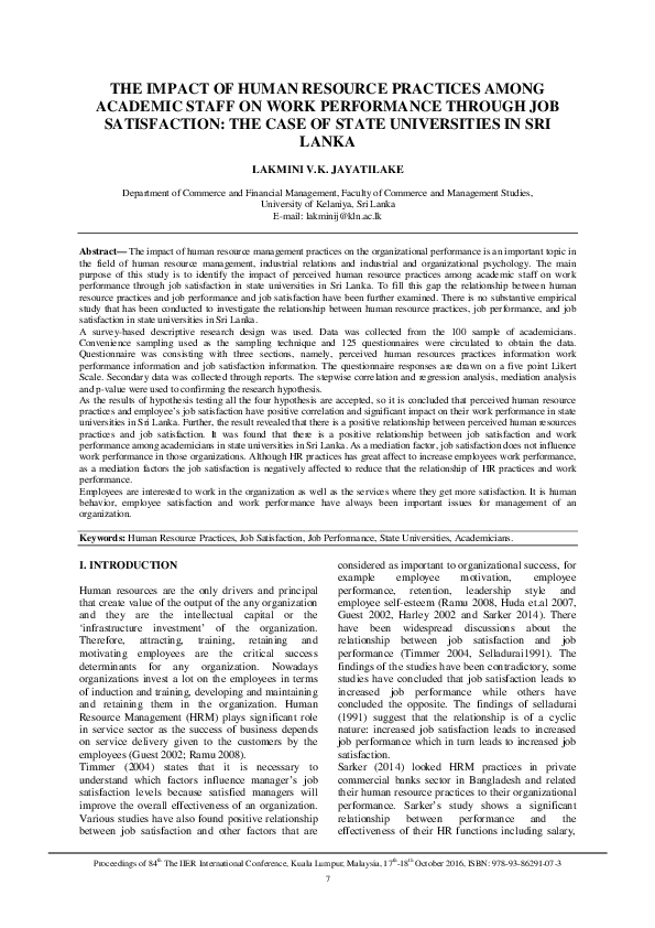 Pdf The Impact Of Human Resource Practices Among Academic Staff On Work Performance Through